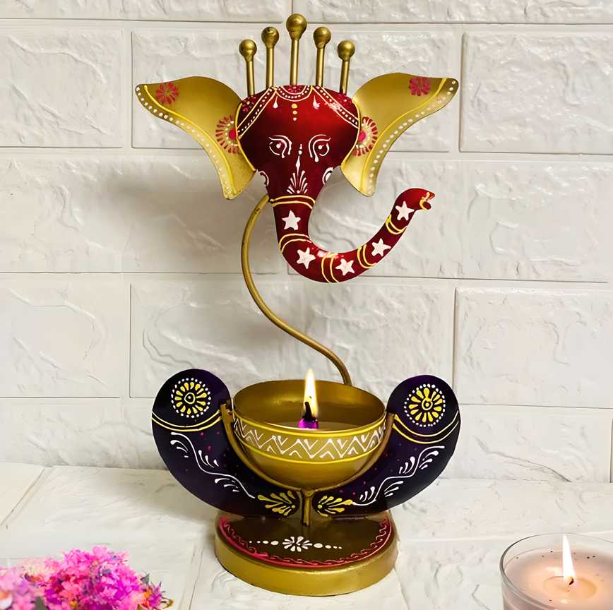Hand-Painted Ganesha Tealight Candle Décor – Elegance & Splendour
